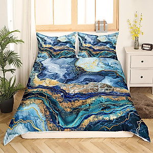 Marble Duvet Cover, 3D Print Grunge Fluid Golden Little Bit Stone Crack Gothic Impressionist Abstract Art Bedding Set, Decorative 3 Piece Comforter Cover With 2 Pillow Shams, Full Size,Teal Blue