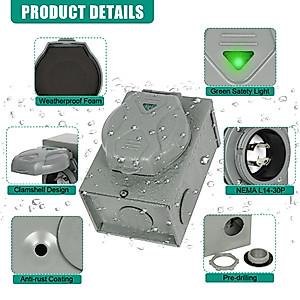 OUTPRIZE Pre-Drilled Generator Inlet Box, NEMA 3R 30 Amp Outdoor Waterproof Power Inlet Box, NEMA L14-30P 4 Prong, 125/250 Volt, 7500 Watts, ETL Listed