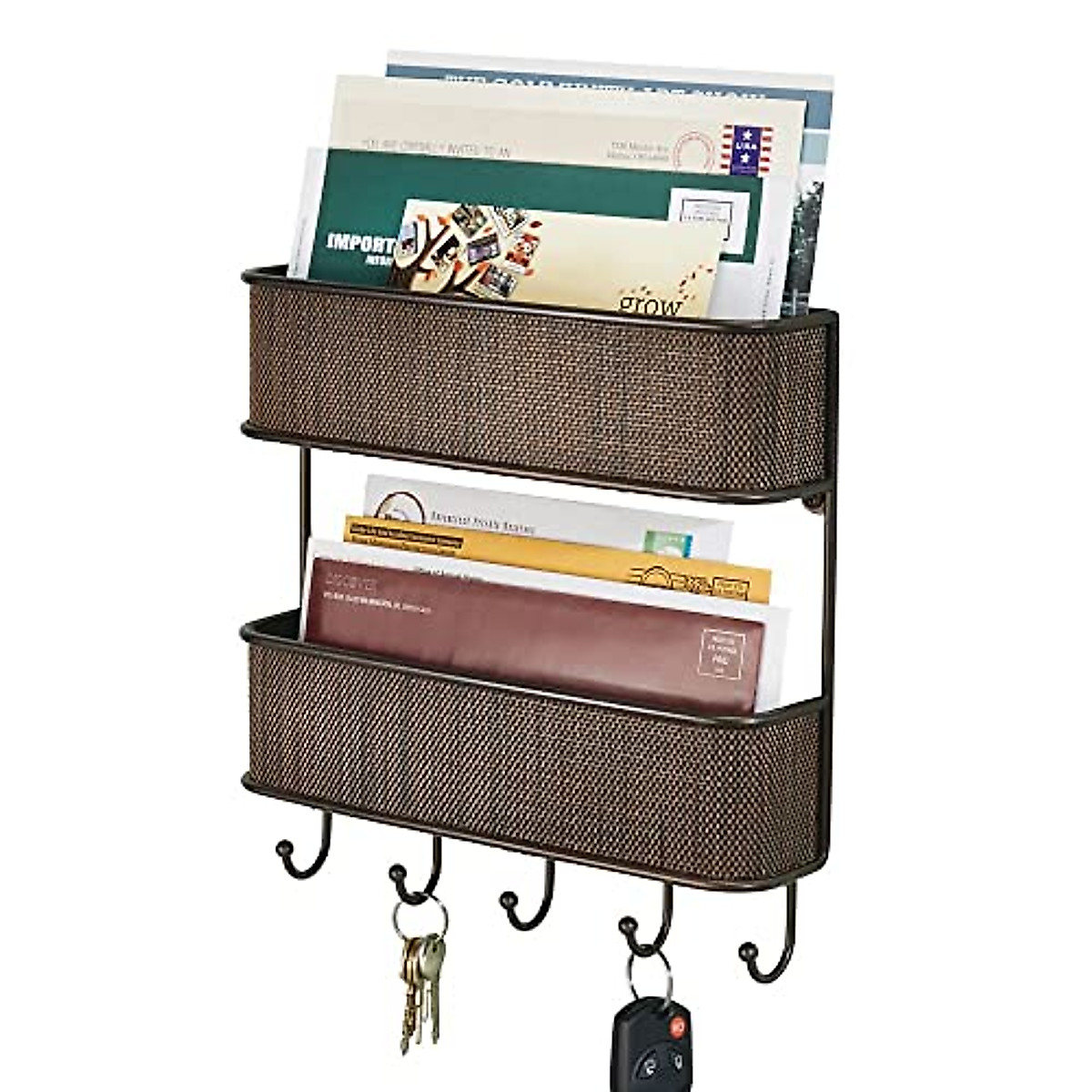 mDesign Wall Mount Metal Woven Mail Organizer Storage Basket - 2 Tiers, 6 Hooks - for Entryway, Mudroom, Hallway, Kitchen, Office - Holds Letters, Magazines, Coats, Leashes, Keys - Bronze