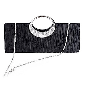 U-Story Elegant Evening Rhinestone Satin Pleated Wedding Party Clutch Purse Handbag (Black)