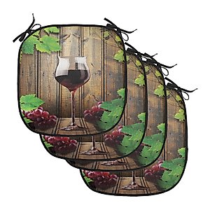 Lunarable Winery Chair Cushion Pads Set of 4, Wine Glasses and Grapes Rustic Wood Planks Alcoholic Drink Gourmet Taste, Anti-Slip Seat Padding for Kitchen & Patio, 16"x16", Brown Green Burgundy
