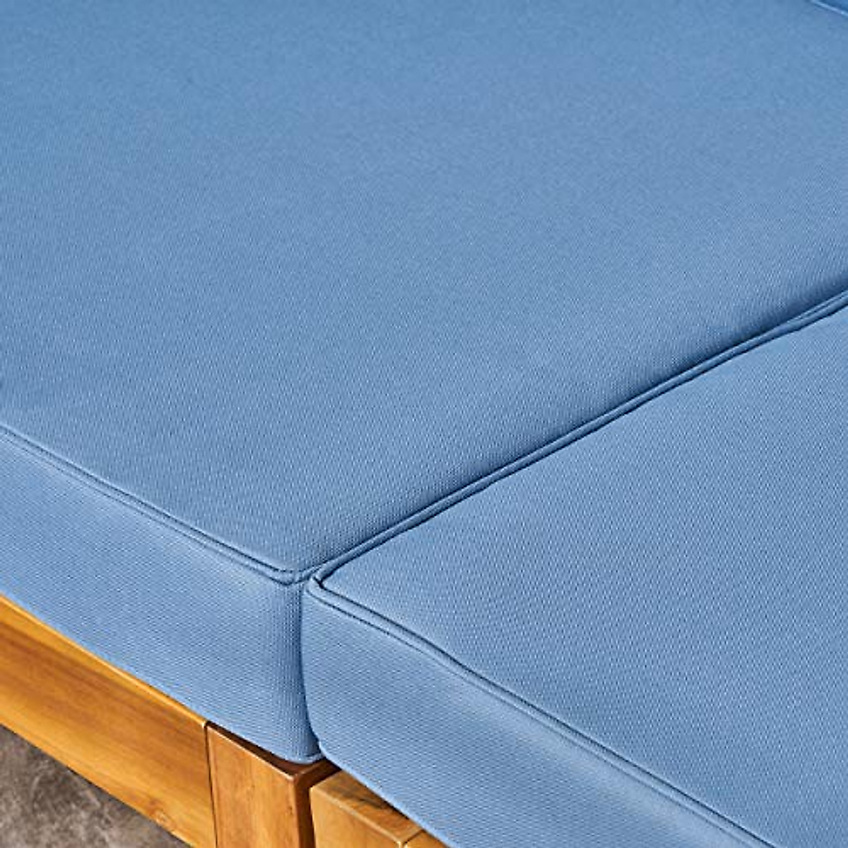 Great Deal Furniture GDFStudio Outdoor Farmhouse Acacia Wood 8 Seater U-Shaped Sectional Sofa Set with Fire Pit, Teak, Blue, and Dark Gray