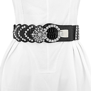 Vivilly Women's Rhinestone Belt Black Crystal Stretchy Retro Wide Waist Cinch Belt for Dress
