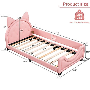 Cute Twin Size Upholstered Daybed, PU Leather Platform Bed with Carton Ears Shaped Headboard, Wooden Slat Supports Bed Frame for Kids, Girls, Boys, Child's Room, No Box Spring Needed (Pink)