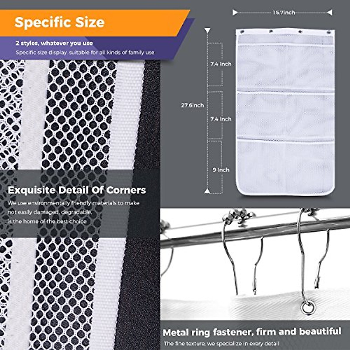 Yihoon Mesh Shower Caddy Curtains Organizer - Hanging Bathroom Shower Curtain Rod/Liner Hooks Accessories with 6 Pockets Save Space in Small Bathroom Tub 4 Rings