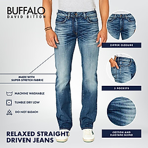 Buffalo David Bitton Men's Relaxed Straight Driven Jeans, Authentic and Sanded Indigo, 34W x 30L
