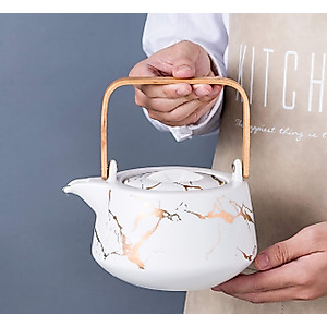 Jusalpha Marble Porcelain Teapot Set, Modern Japanese Tea Pot with Infuser for Loose Tea (40 OZ), 4-Piece Tea Cups (6.7 OZ) with Bamboo Tray - Tea Cups Set for Home and Restaurant, FDJPT4 (White)