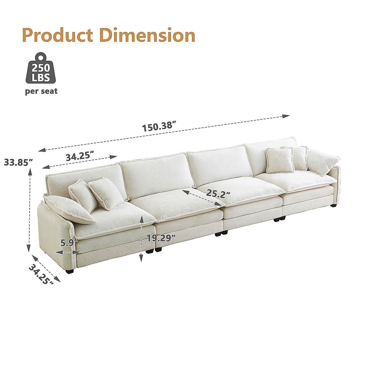 Aoowow Modern Modular Sectional Sofa,150.4 Inch Corduroy Upholstered 4-Seater Sofa Comfy Cloud Deep Seat Couches with 4 Throw Pillows and 2 Armrest Pillows for Living Room Bedroom Apartment(Beige)