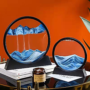 MUNSCVUS Moving Sand Art Picture in Motion, Round Tempered Glass 3D Deep Sea Sandscapes with Display Flowing Sand Frame for Relaxing Desktop Home Office Work Décor for Kids Adults (Blue, 12inch)