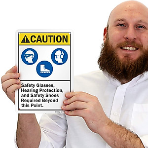 SmartSign - S-6775-PL-10 "Caution - Safety Glasses, Hearing Protection And Safety Shoes Required" Sign | 7" x 10" Plastic