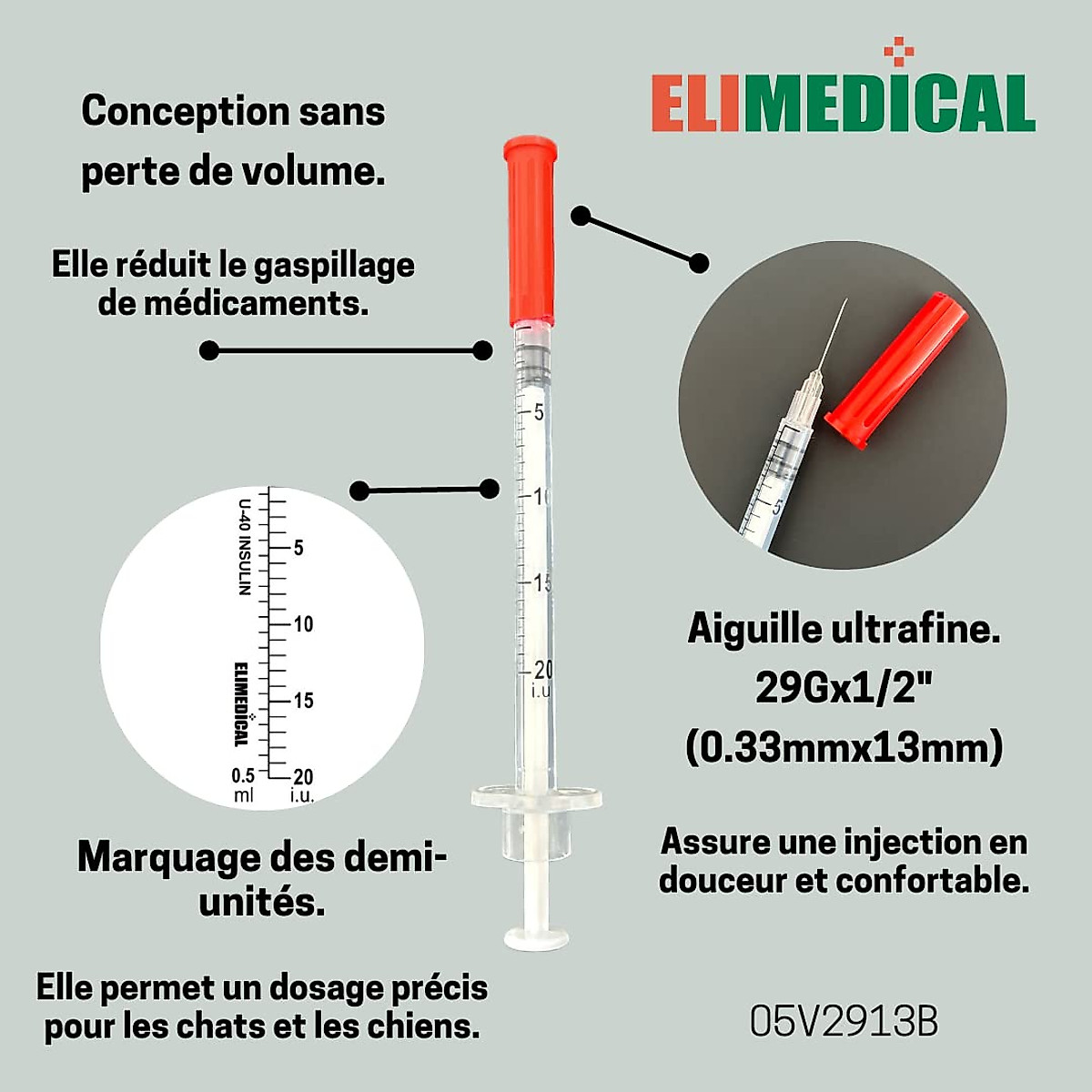 Elimedical Veterinary Insulin Syringe, U-40 (40IU), 0.5cc (ml), 29g x ½ inch (12.7mm), Half Unit Marking, Individually Packed, for Pet Cat or Dog, 100 per box, 05V2913B
