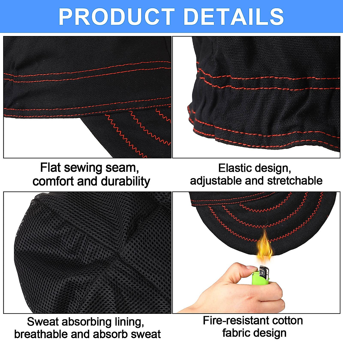 2 Pcs Welding Cap Flame Resistant Welders Caps Reversible Cotton Soft Short Crown Welders Hats with Elastic for Men Women Electrician(Black, Red)
