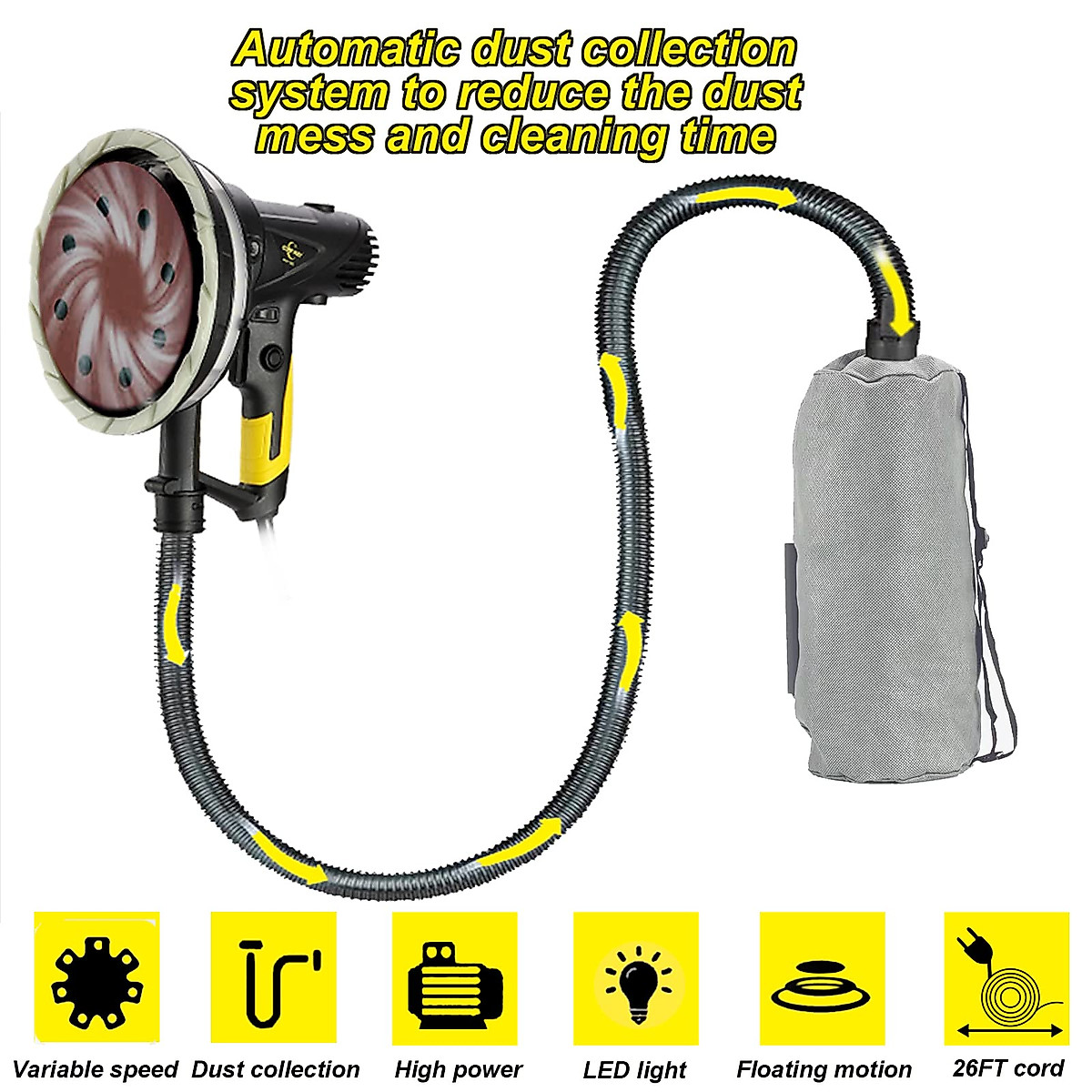 CUBEWAY Drywall Sander, Handheld Electric Drywall Sander with Vacuum Attachment and Variable Speed, Sheetrock Sander Machine with LED Light 10pcs Sanding Discs and 26FT Power Cord