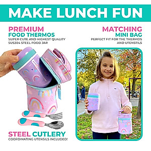 Kids Thermos for Hot Food and Soup, Insulated Lunch Bag and Stainless Steel Utensil Set. Container for Girls Boys Hot Lunches, Wide Mouth, Leakproof Easy Grip, Thermal Vacuum Seal 10 oz Purple Rainbow
