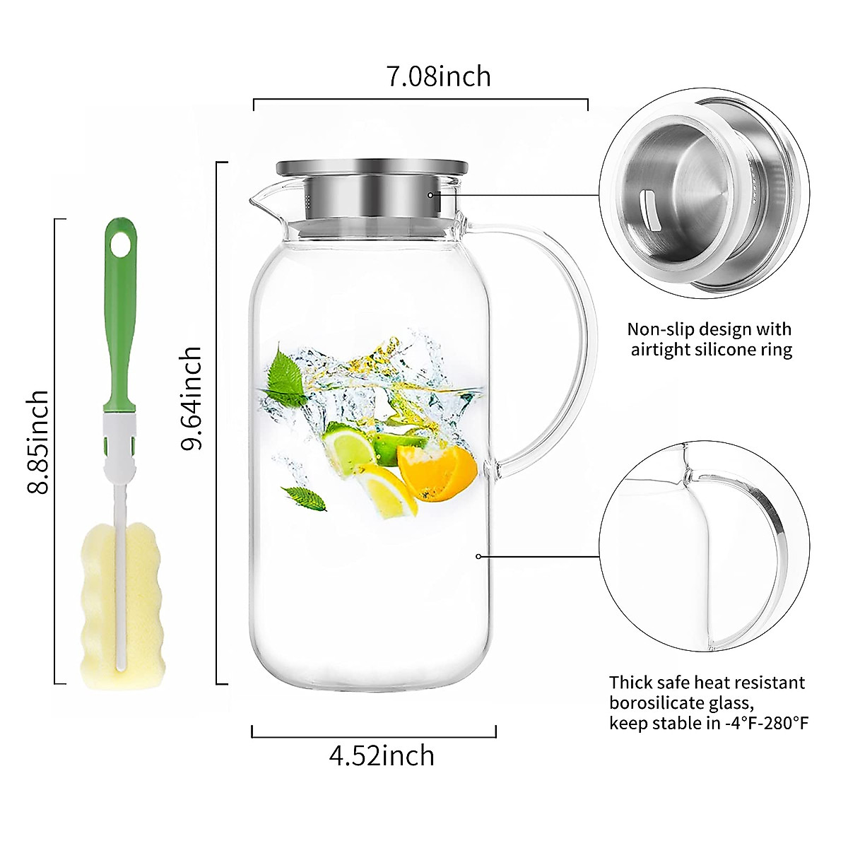 SIXAQUAE Pitcher Glass Water Pot Kettle Stainless Steel Lid Large 68 Oz Juice Ice Tea