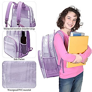 Mygreen Clear Transparent PVC School Backpack, Heavy Duty Clear Backpack with Laptop Compartment for Work, Security, Sporting Events (Purple, Large)