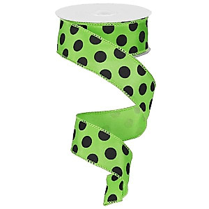 Polka Dot Wired Edge Ribbon, Lime Green Black - 1.5 Inches x 10 Yards
