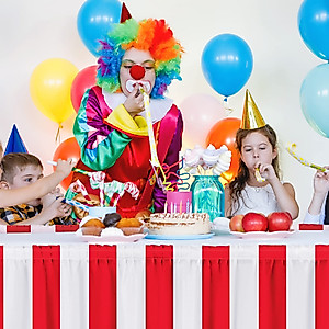 durony 1 Pack Red and White Striped Table Skirt Circus Theme Party Supplies Carnival Table Skirt for Carnival Home Party Decoration, 165 x 30 Inches