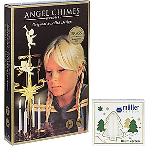 Angel Chimes The Original & Traditional Decorative Swedish Candle for Christmas, Brass - Chimes Carousel, Authentic, Scandinavian, Decoration & Ornament for Home and Kitchen (+4 Candles)