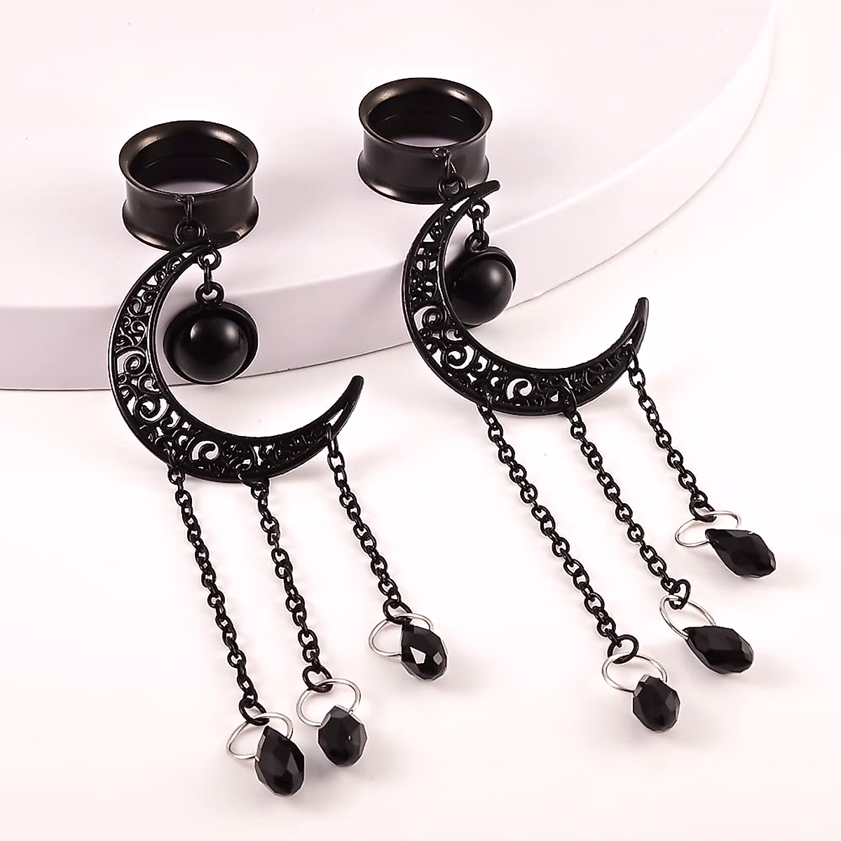 Maxbott 2PCS Fashion Black Chain Moon Earrings Plugs Tunnels Stainless Steel Pendant Ear Gauges Body Piercing Jewelry (14mm(9/16"), Black)