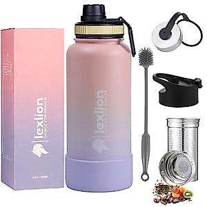 Lexlion Tea Infuser Bottle - Fruit Infuser Water Bottle 32 Oz, Triple Walled Insulated Stainless Steel Bottle, Thermal Leaf Infuser, Silicone Sleeve, 3 Lids Leakproof, Metal Mug Gallon