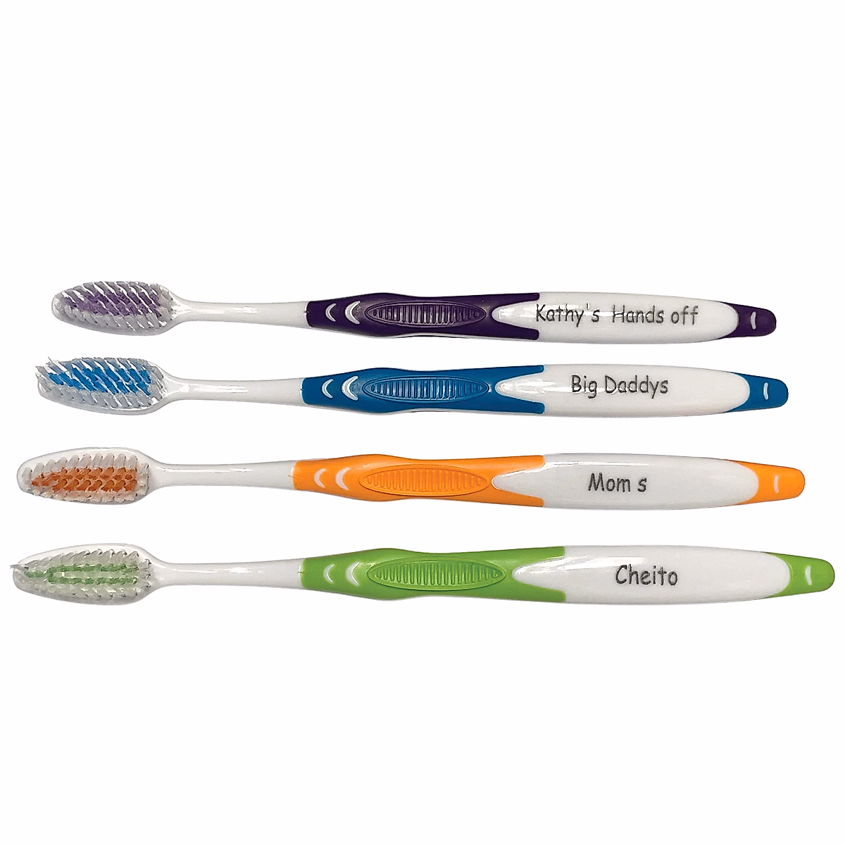 Precious Gift Company Personalized Toothbrushes, 4 Pack Adults, Engraved, Laser Engraved, Any Name or Message up to 25 Characters, Medium Firmness, Light Blue, Dark Blue, Orange, Green, Purple, Red