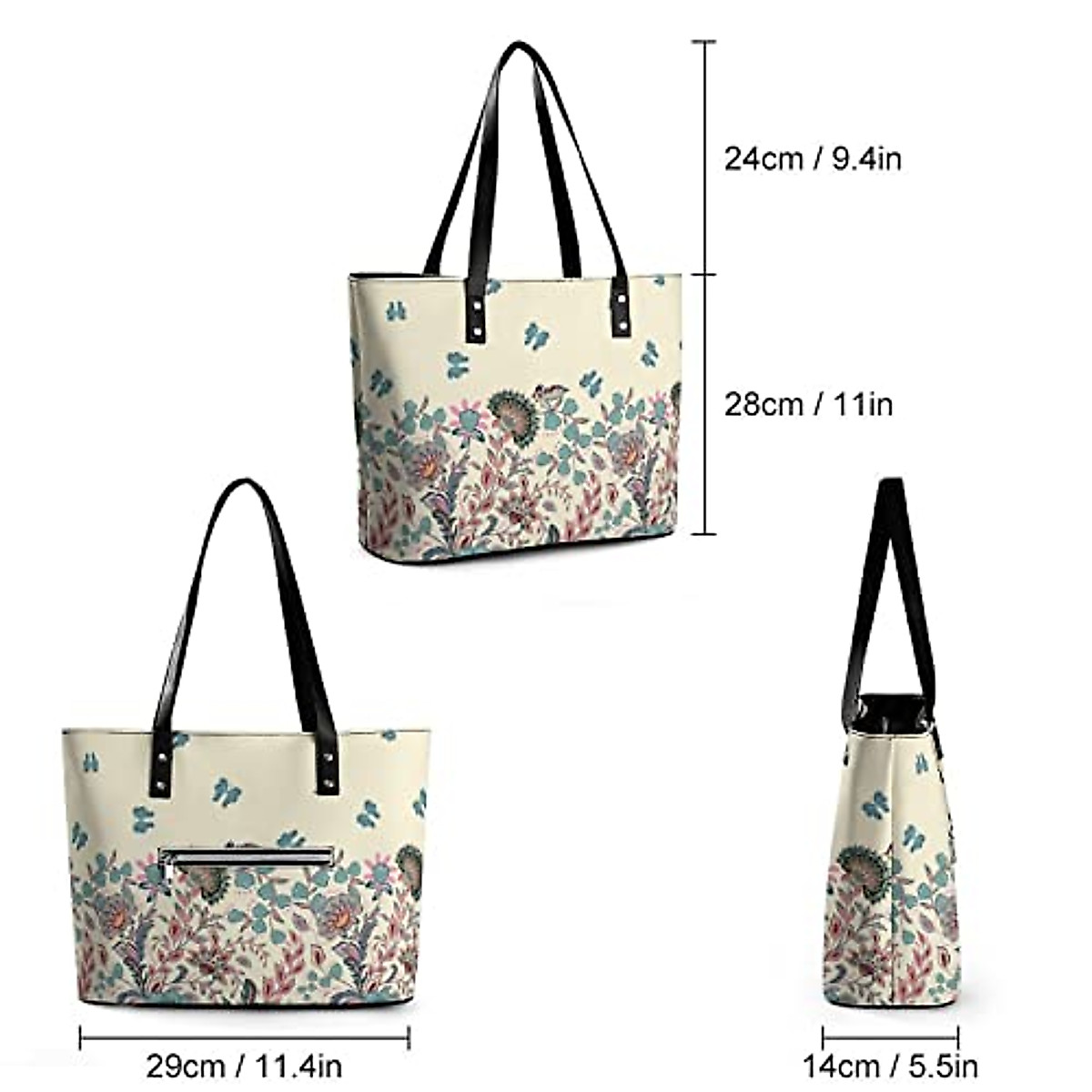 Womens Handbag Flowers And Butterfly Pattern Leather Tote Bag Top Handle Satchel Bags For Lady