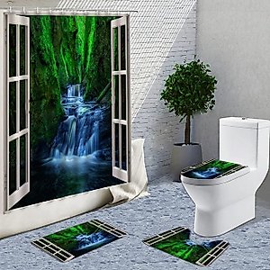 AXISRC Forest Waterfall Outside The Window Shower Curtains 4Pcs Sets Landscape Bathroom Curtain Decor Bath Mats Rugs Toilet Cover Pad 4Pcs Set 71x71inches