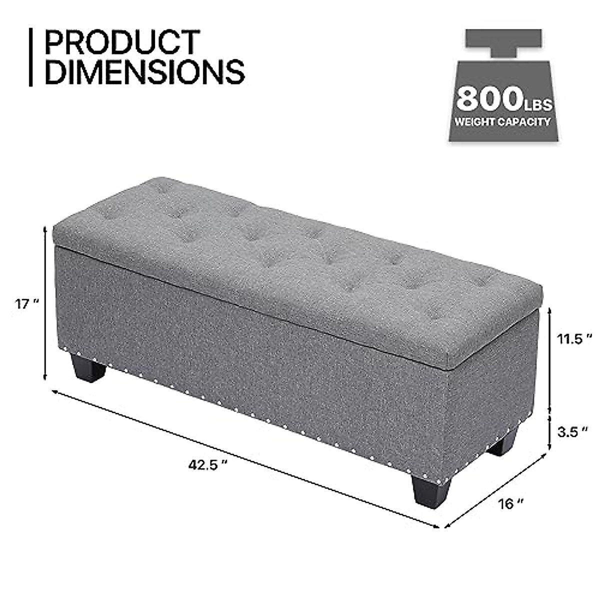 MoNiBloom 42 Inch Long Storage Ottoman for Bedroom, Contemporary Grey Linen Tufted Bench Footrest Foot Stool Upholstered Rectangular Ottoman with 40L Inner Space, 660 Lbs Capacity