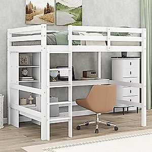 Full Loft Bed with Desk and Storage Shelves, Wood Loft Beds Frame with Bookcase, Modern High Loft for Kids Boys Girls Teens, Full Size, White
