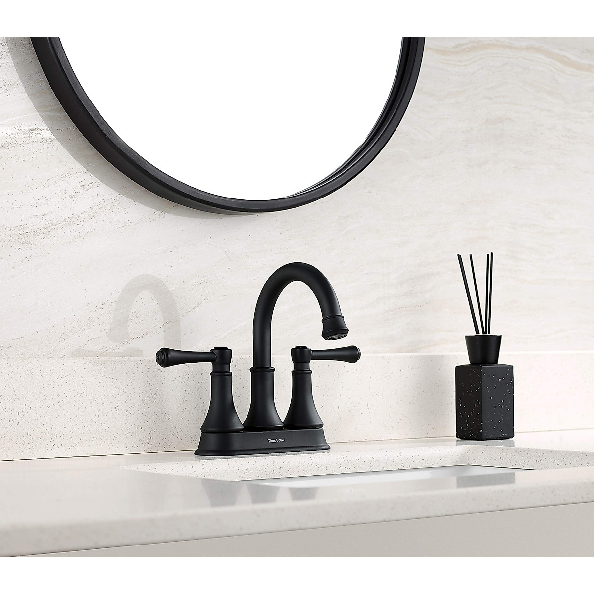 TimeArrow Matte Black 2 Handle Centerset Bathroom Sink Faucet 3 Holes with Drain Assembly, High Arc Modern 4 Inch Bathroom Vanity Lavatory Faucet with Brass 360° Swivel Spout, TAF067Y-MB