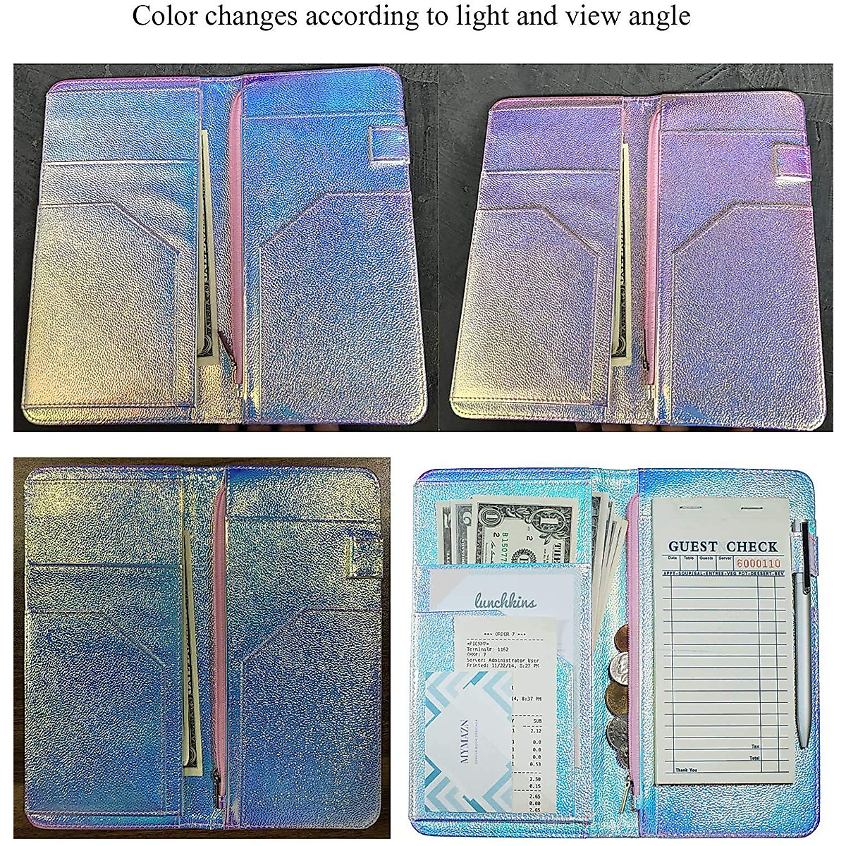 Zreal Server Book for Waitress with Zipper Pocket, 5 X 9 Serving Book, Magnetic Closure Pocket with Big Volume, Pen Holder for Waiter Server Wallet Fit Waitress Apron (Iridescent B)