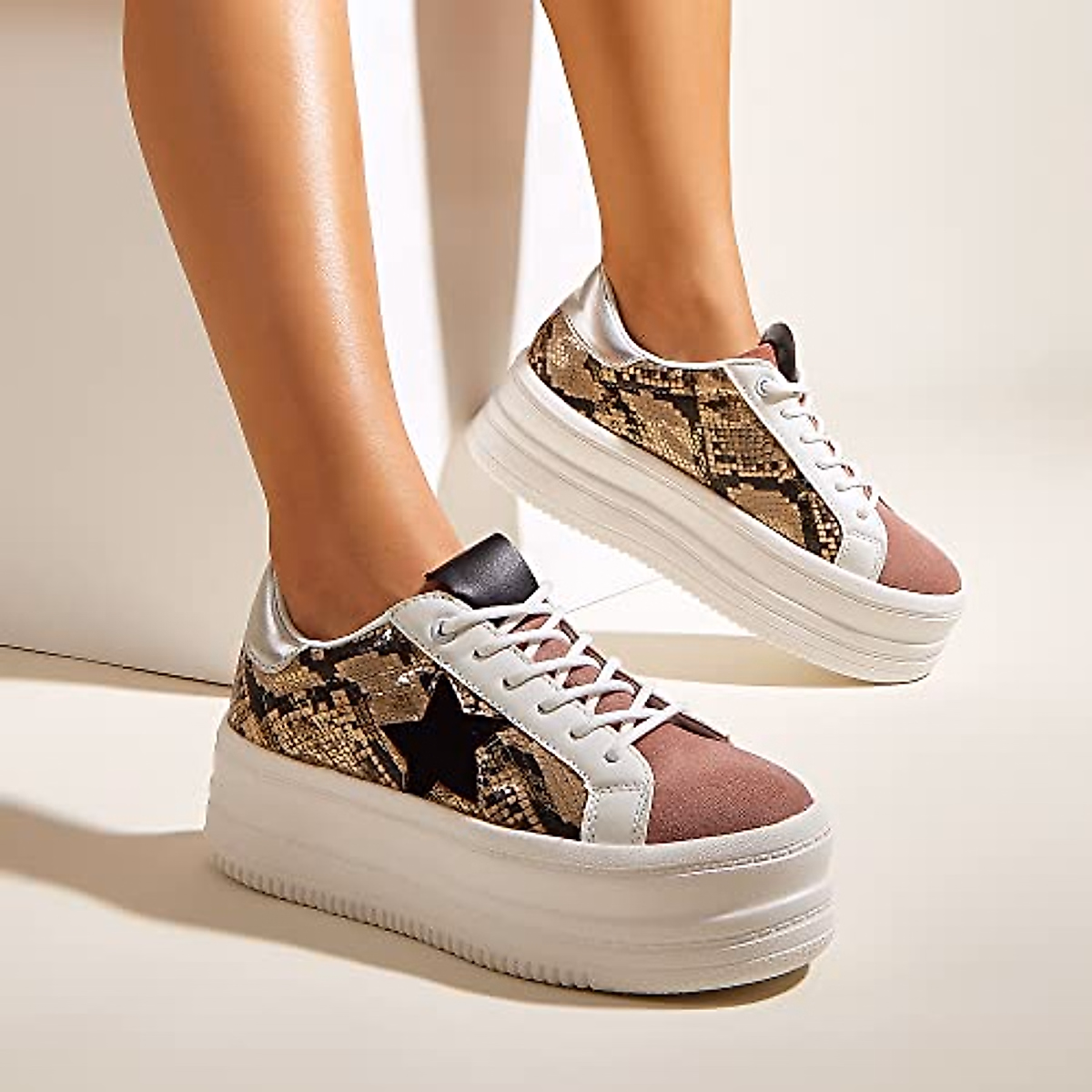 BELOS Fashion Platform Women Sneakers Faux Suede Stars Holographic Rainbow Walking Shoes(Pink Snake,8.5)