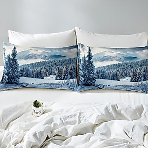 Castle Fairy Snow Mountain Bedding Set,3D Cedar Printed Duvet Cover for Kids Teen Boys Girls,Snow Scene Comforter Cover Decorative Room,Winter Nature Quilt Cover with 2 Pillowcases,King Size
