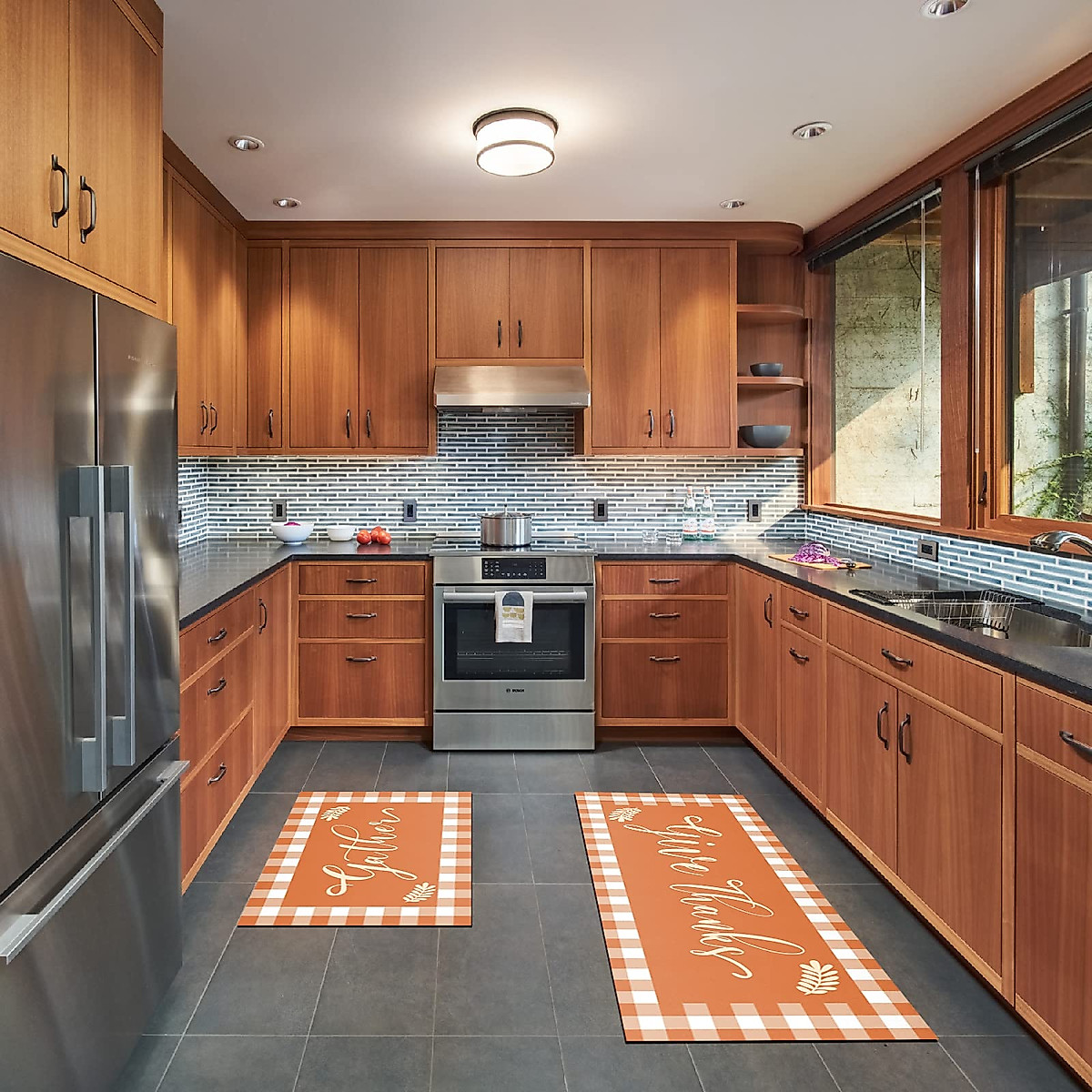 HOLVDENG Fall Buffalo Plaid Kitchen Mat Set of 2 Non Slip Thick Kitchen Rugs and Mats for Floor Comfort Standing Mats for Kitchen, Sink, Office, Laundry, 17"x47"+17"x28"