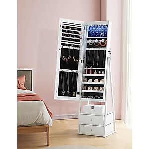 Nicetree Jewelry Cabinet Armoire with 2 Drawers, Lockable Standing Jewelry Mirror Cabinet, Full Length Mirror with Jewelry Storage, White