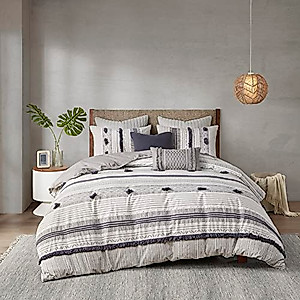 INK+IVY Cody Cotton Duvet Set - Geometric Modern Design with Fringe Tassel Trim and Pom Accent, All Season, Breathable Cover for Comforter Bedding, Shams, King/Cal King(104"x92") Gray/Navy 3 Piece