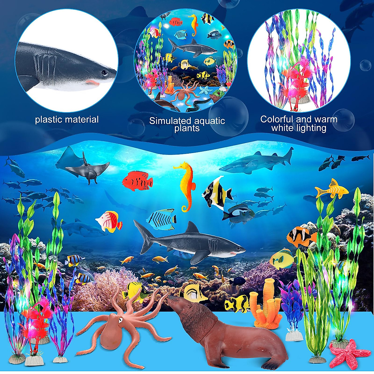 MiniInflat 39 Pcs Ocean Diorama Kit Sea Creature Toys Bulk Ocean Sea Animal Figure Toys Realistic Ocean Animal Figurines Toy Including Shark, Whale, Corals, Seagrass and More