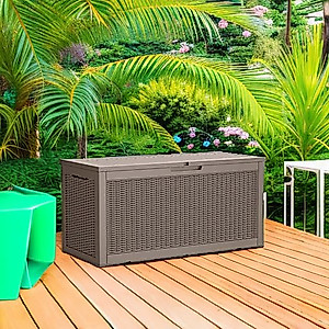 Devoko 100 Gallon Waterproof Large Resin Deck Box Indoor Outdoor Lockable Storage Container for Patio Furniture Cushions Garden Tools (100 Gallon, Light Brown)