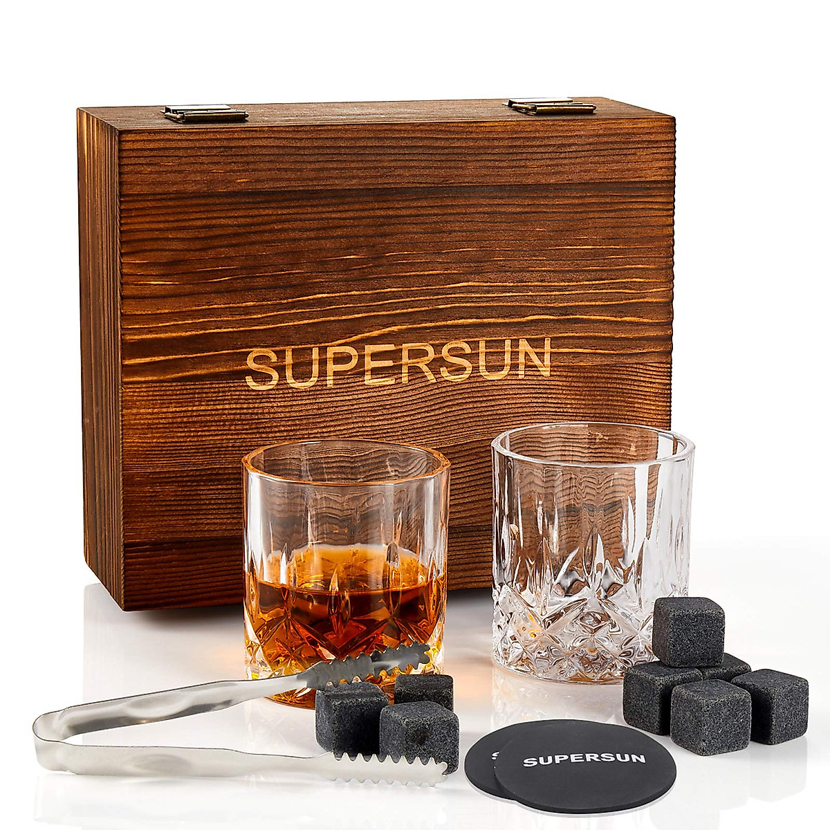 Whiskey Glasses Stones Gifts Set for Men, Pack of 2, 10 oz Scotch Bourbon Glasses, 8 Chilling Rocks and Wooden Box for Him, Boyfriend, Dad, Husband, Father, Groomsmen, Birthday, Anniversary