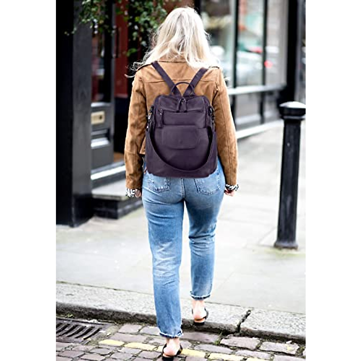 UTO Women Backpack Purse 3 ways PU Washed Leather Ladies Rucksack Shoulder Bag C Purple