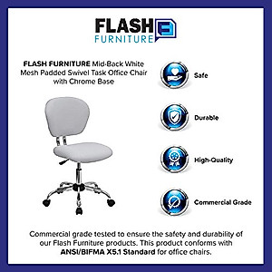 Flash Furniture Beverly Mid-Back White Mesh Padded Swivel Task Office Chair with Chrome Base