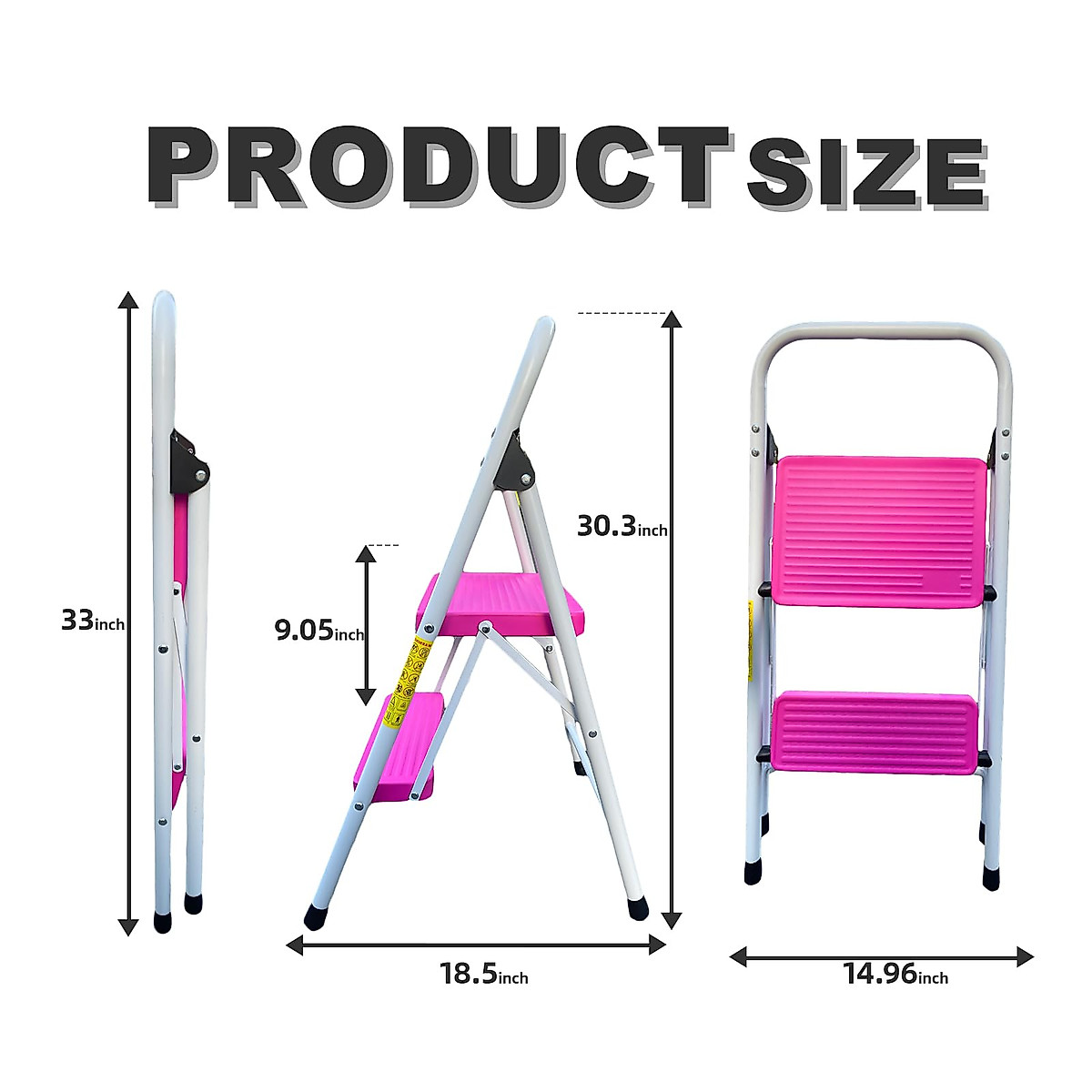 Step Ladder Folding 2 Step Stool Adult with Wide & Anti-Slip Pedals Ergonomic Portable Steel Ladder for Household, Kitchen, Office 330LBS (Pink, 2 Step)