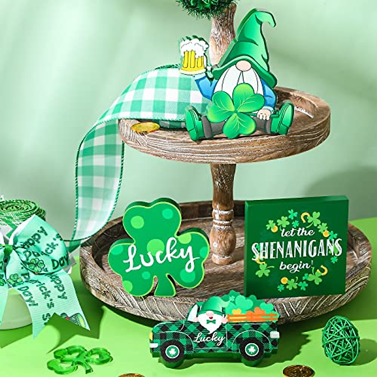 4 Pieces St. Patrick's Day Table Decor Wooden Sign Lucky Shamrock Table Sign Green Gnome Truck Table Centerpiece Freestanding Clover Letter Sign Table Decoration for Irish Holiday Party Decor