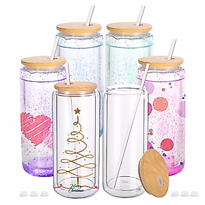 YOUKE OLA 6 Pack Pre Drilled Beer Glass Can Shaped Blank Double Wall Glass Cans with Rubber Stopper Bamboo Lid & Glass Straws for Snow Globe Glitter DIY 16oz