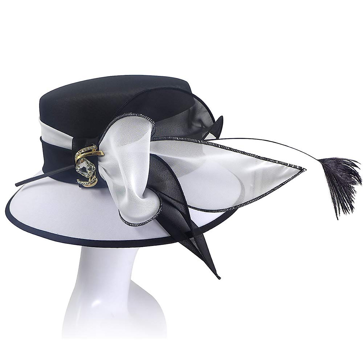 June's Young Women Church Hats Formal Dress Derby Hats with Feather Elegant Bucket Hats (Black/white)