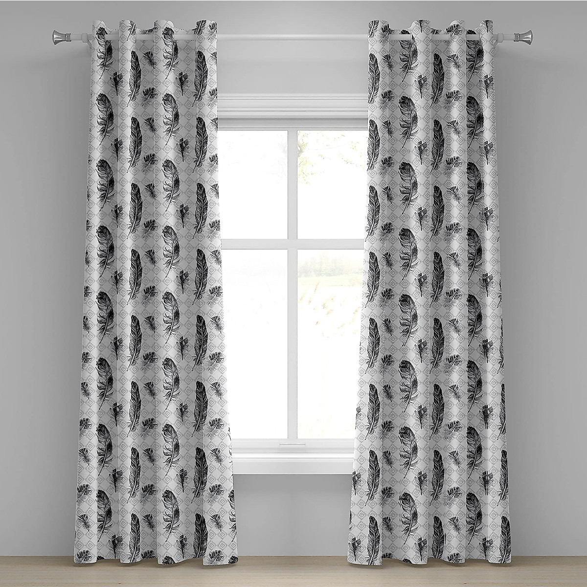 Ambesonne Feather Grommet Curtain, Faded Geometric Backdrop Nested Squares Mosaic Pattern Fluffy Wings Fly, Decorative 2-Panel Window Drapes for Bedroom Living Room, 50" x 84", Black White Pale Grey