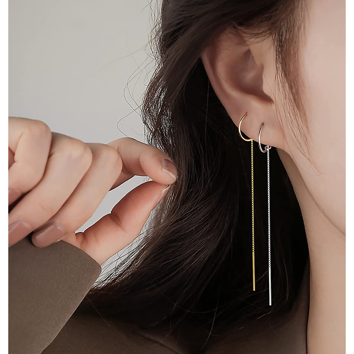 Reffeer Solid 925 Sterling Silver Dangle Chain Earrings Tassel Threader for Women Long Dangle Earrings Minimalist (B-18K Gold)