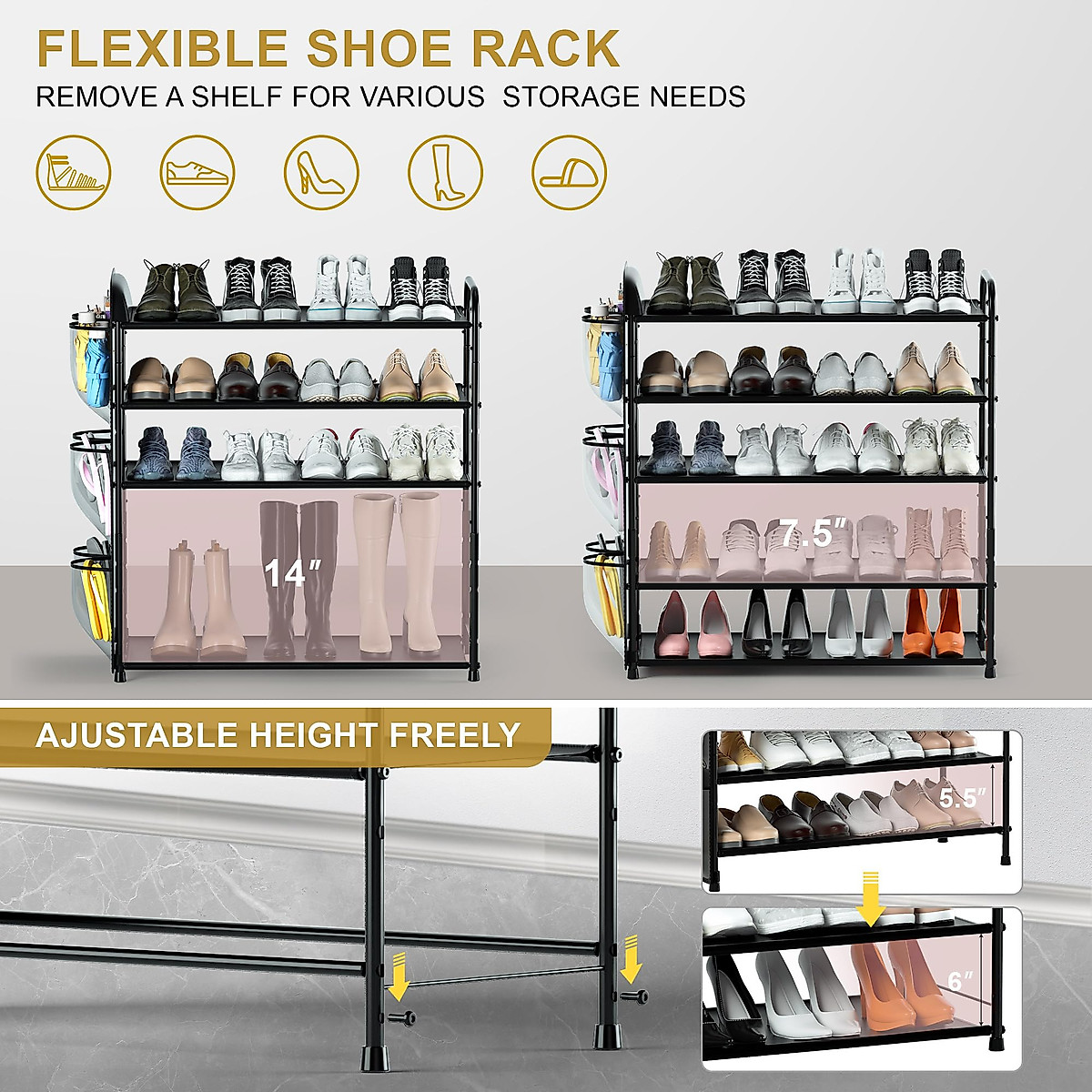 Housen Solutions Shoe Rack for Closet, 5 Tier Metal Shoe Rack Organizer with Storage 20-25 Pairs for Front Door Entrance, Entryway, Floor, Garage, Standing Black Shoes Holder Shelves