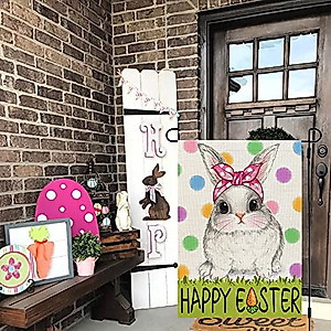 CROWNED BEAUTY Happy Easter Bunny Garden Flag 12x18 Inch Double Sided for Outside Burlap Small Polka Dots Yard Holiday Decoration CF705-12